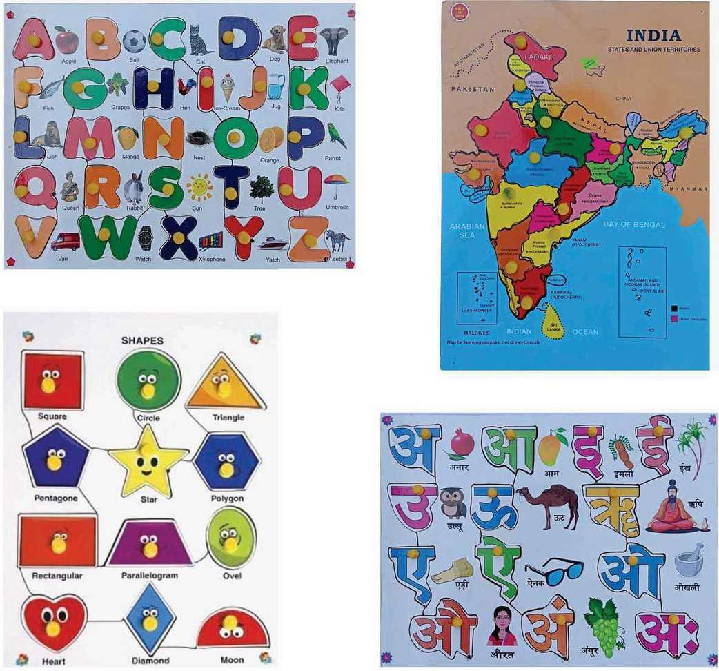 Wooden Combo Alphabet, Hindi, shapes & India Map Puzzle for Kids(Pack ...