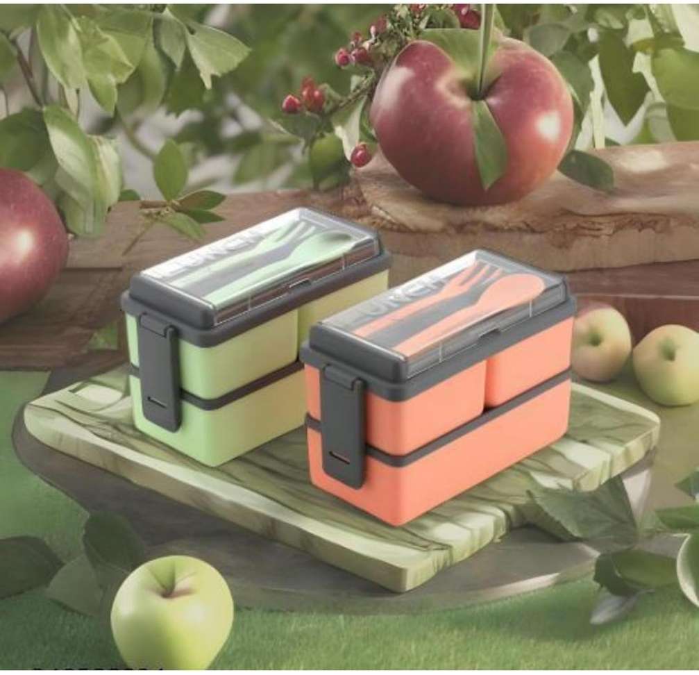 3 compartment lunch box combo ( colour - green & pink) 6 Containers ...