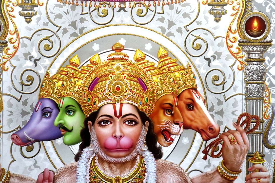 Panchmukhi Hanuman Ji With Pandrah Yantras UV Golden Glitter Picture On ...