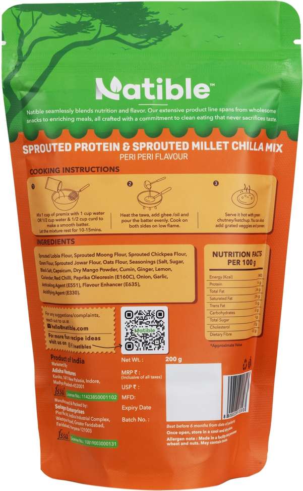 Natible Sprouted Protein & Sprouted Millet Chilla Dosa Mix (Peri Peri ...