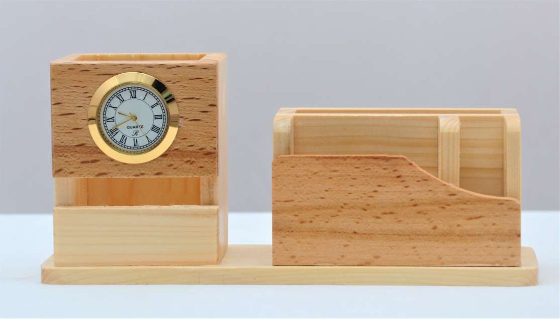 UKEA 4 Compartments Natural Wood MULTI PENSTAND WITH CLOCK CARD HOLDER ...