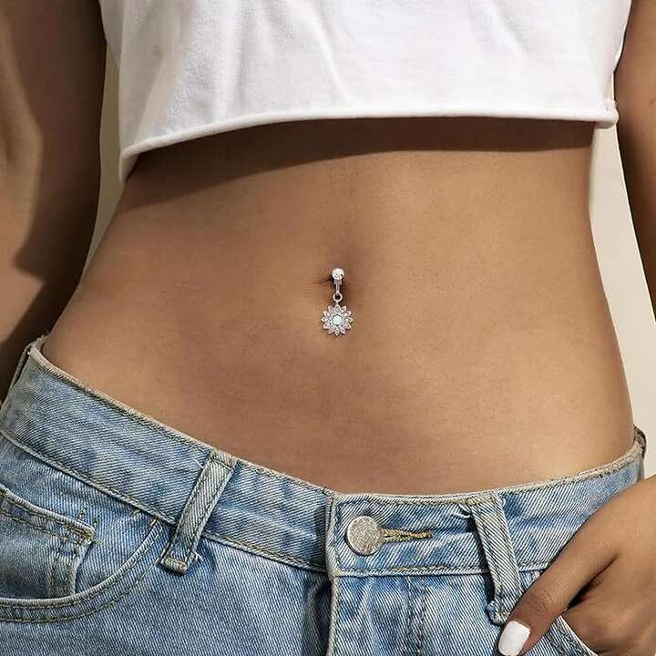 sannidhi 316L Stainless Steel Belly Button Ring Non Piercing Belly Button Ring Floral Stainless Steel Beaded Dangling Charm