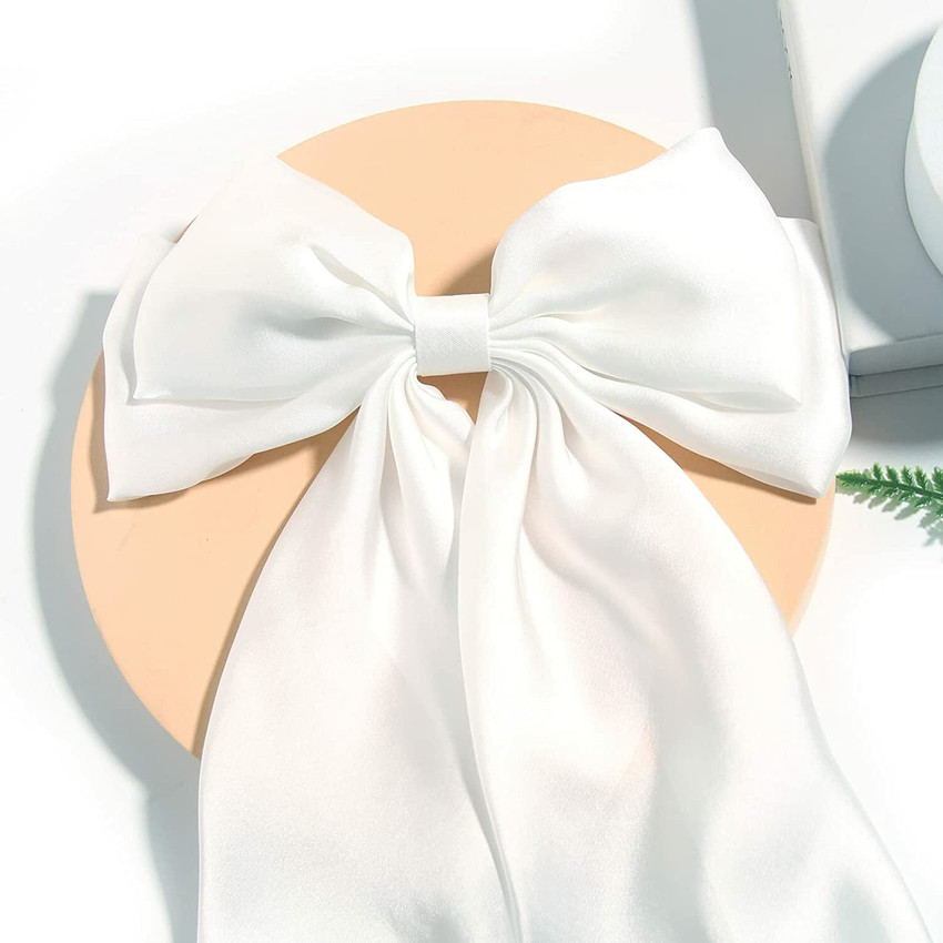 White Ribbon Bow Wattne Silky Hair Bows 2Pcs Big Hair Bows For Women