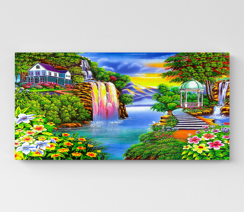 GIFTMASTER Beautiful Wall Art Of Natural Scenery With Waterfall Mountain Tree And Flower Canvas 15 inch x 30 inch Painting Price in India Buy GIFTMASTER Beautiful Wall Art Of Natural Scenery