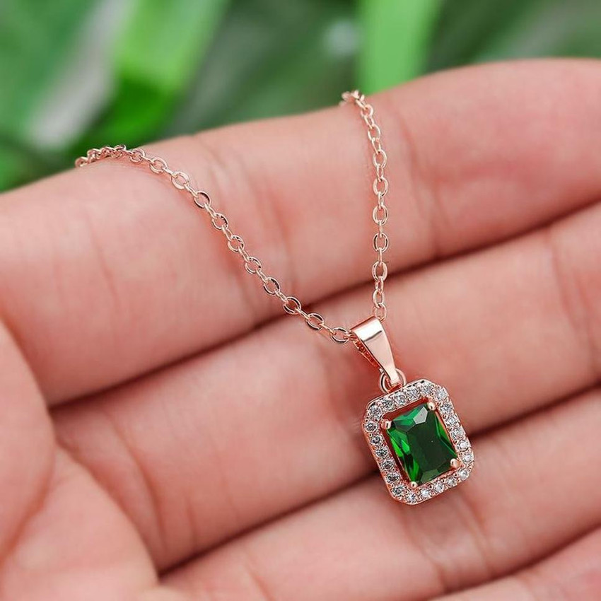 DA CREATIONS Classic AD Rectangle Ruby Necklace for Women Green Rose Gold Silver Stainless Steel Pendant