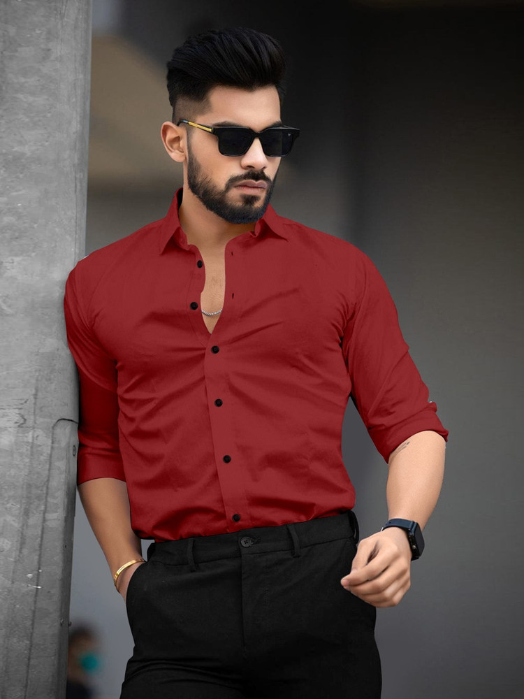 Mens Red Shirts Casual Red Checked Casual Full Sleeves Shirt Collar