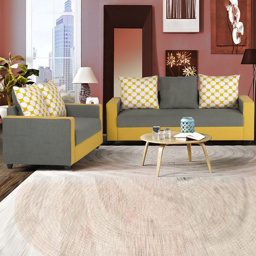 ARRA Riviera 5 Seater Cushion Back Sofa Grey Yellow Color Fabric 3 2 Sofa Set Price in India Buy ARRA Riviera 5 Seater Cushion Back Sofa Grey Yellow Color Fabric